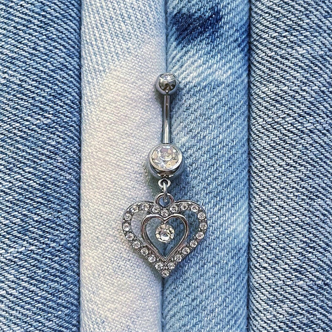 Y2k 2000s Silver Bratz Inspired Diamond Rhinestone Heart Belly Button Piercing Belly Bar Ring ...