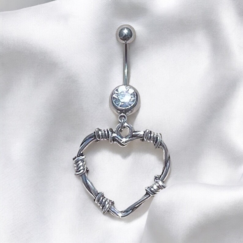 Y2k 2000s Silver Bratz Inspired Diamond Barbed Wire Heart Belly Button Piercing Belly Bar Ring ...