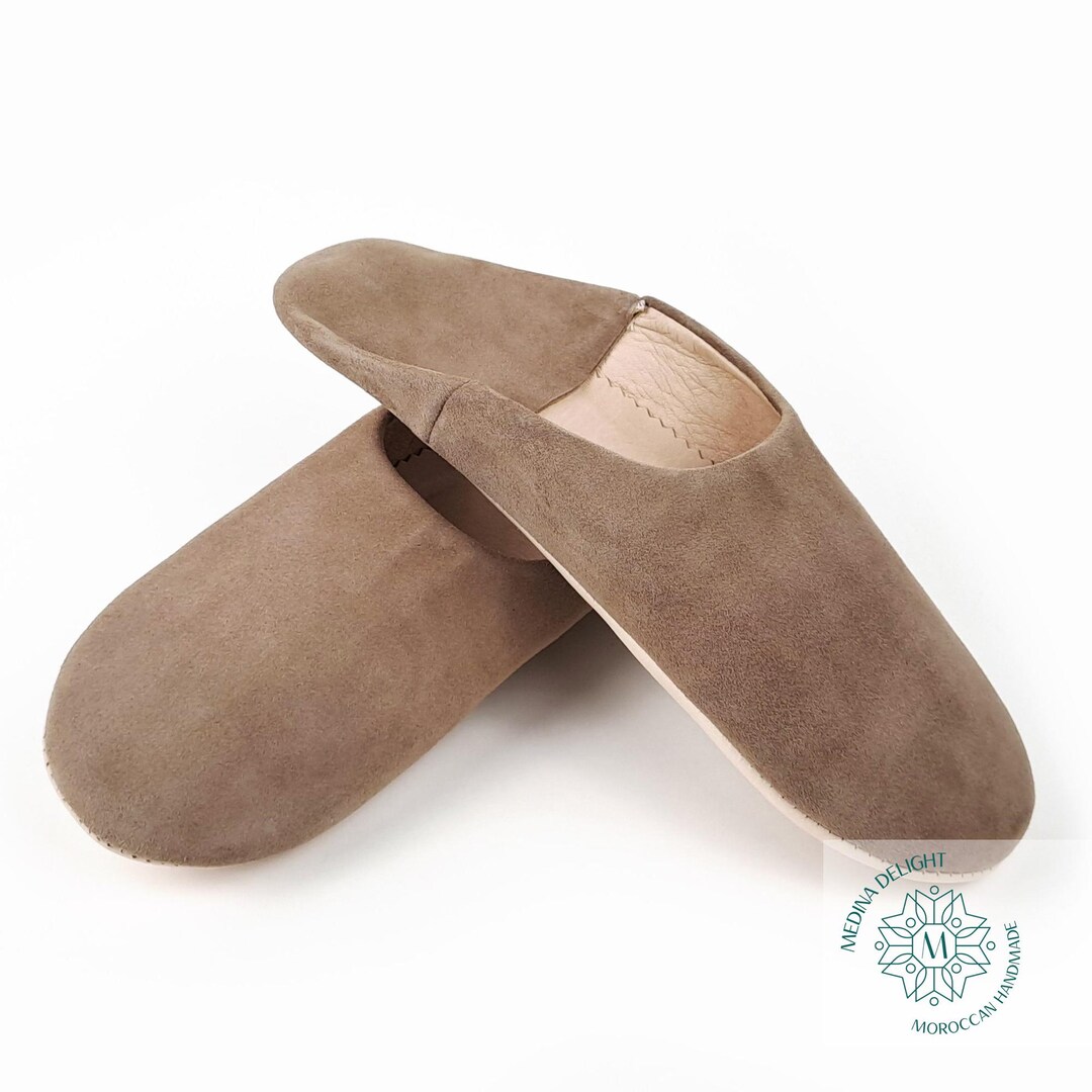 Stone Grey Moroccan Suede Babouche Slippers, Womens House Slippers ...