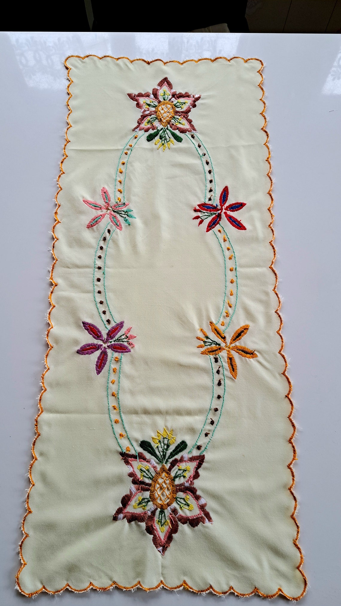 Hungarian Hand-embroidered Yellow Table Runner Tablecloth, Kalocsa ...