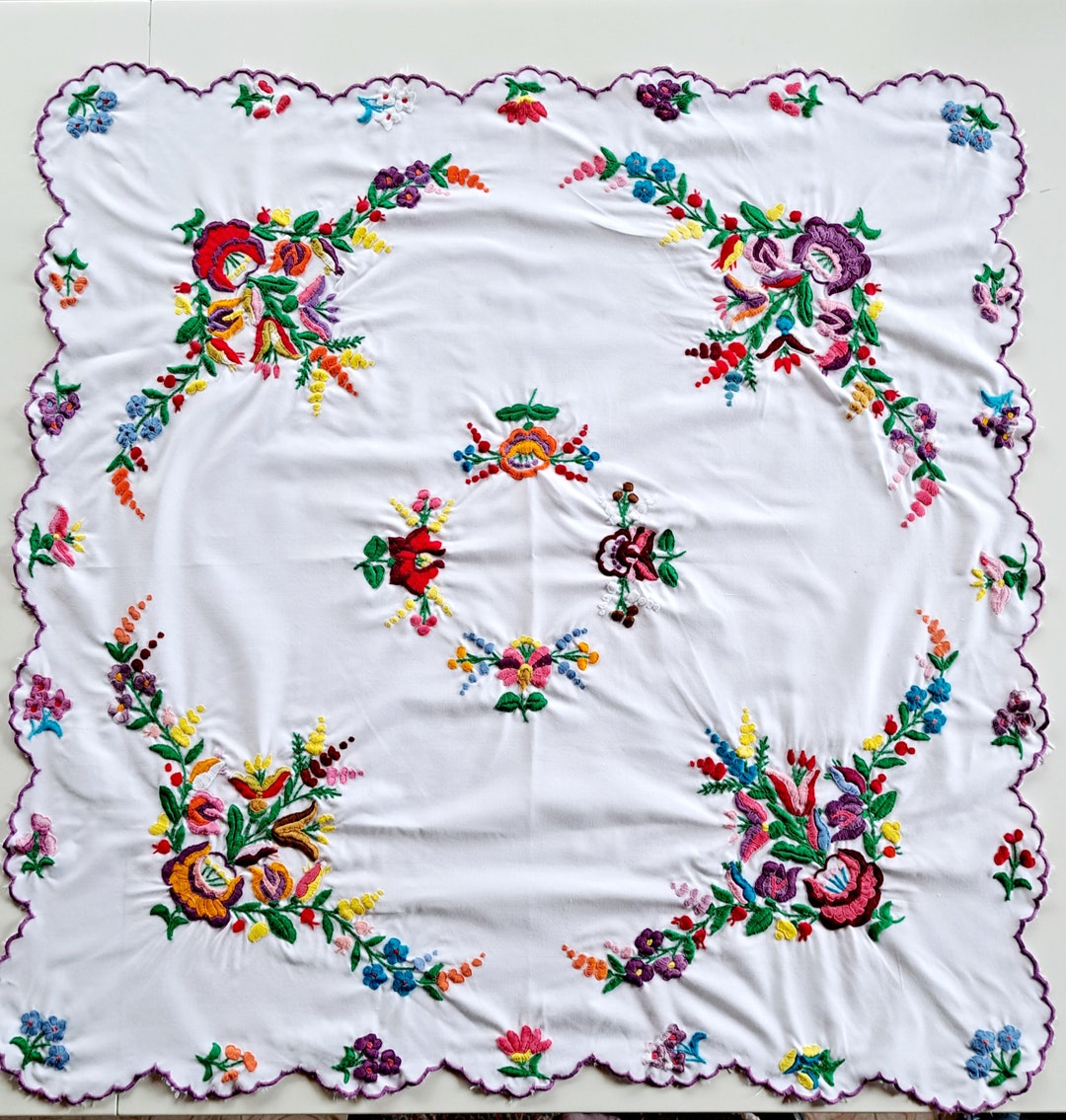 Large Purple Kalocsa Floral Embroidered Tablecloth, Hungarian Flower ...