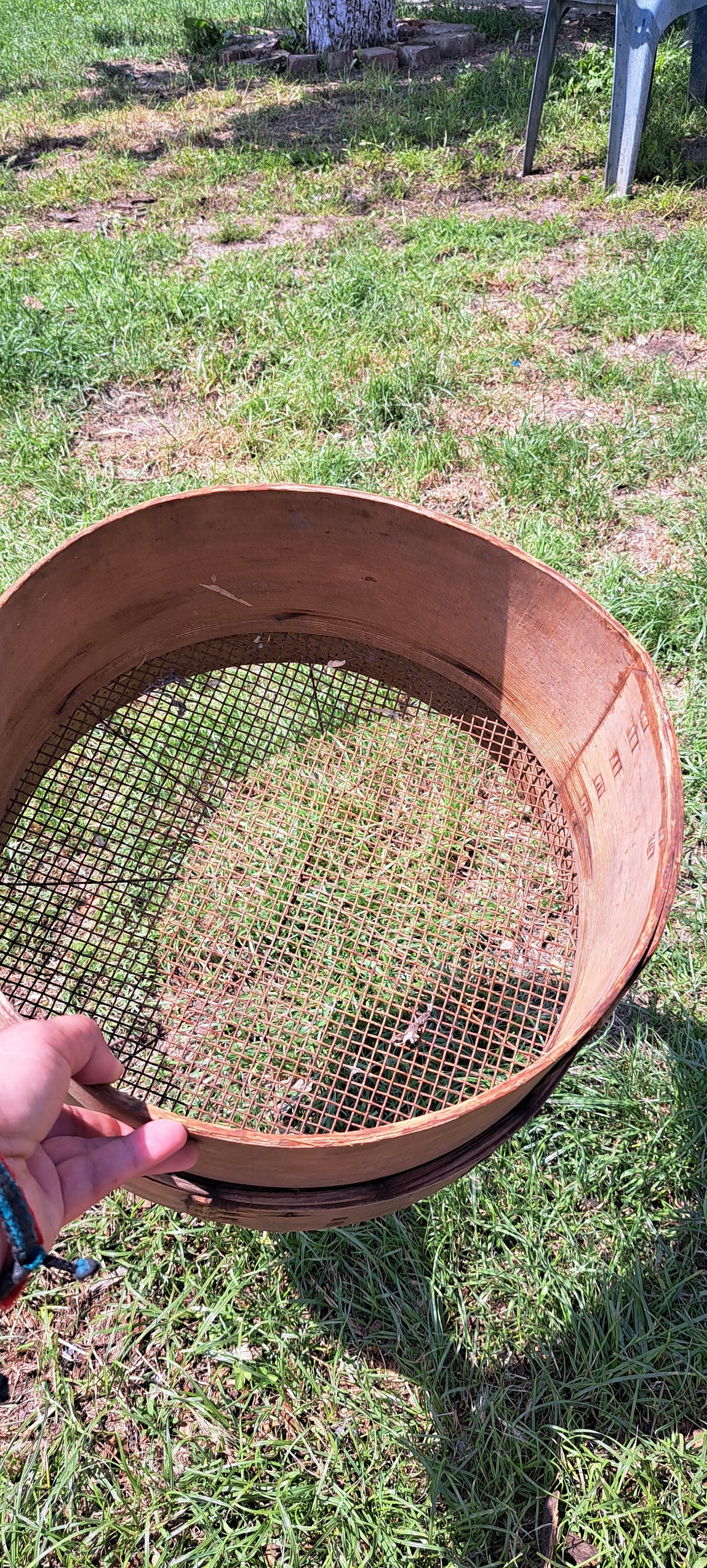 Vintage Round Wood Sieve With Mesh Bottom, Hungary Country Style Garden ...