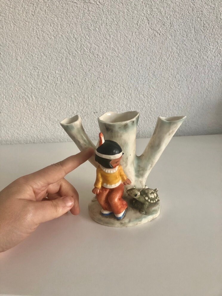 Vintage Goebel Porcelain Native American Child Turtle Figurine Vase ...