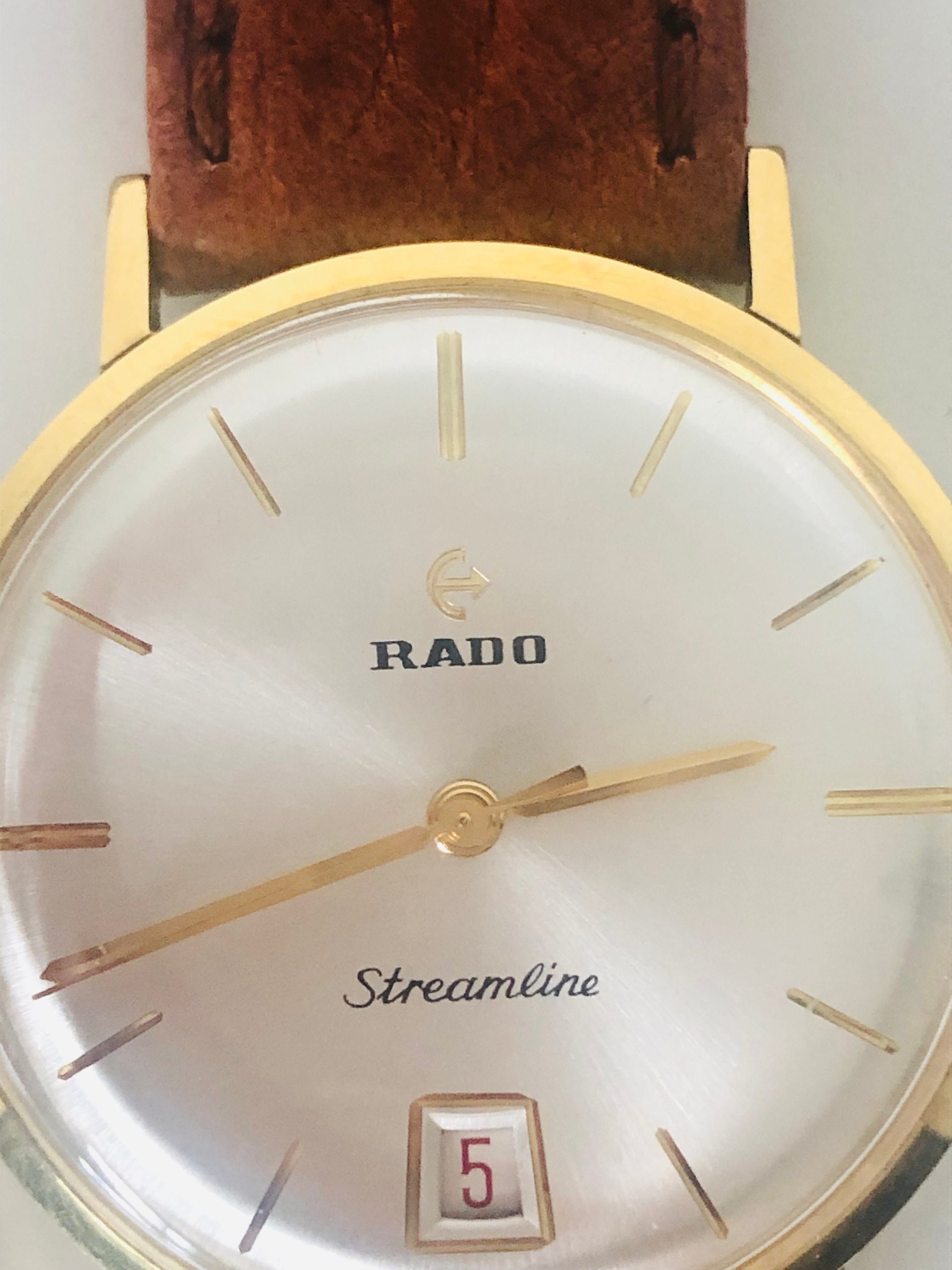 Vintage Rado Streamline Wrist Watch Gold Swiss Made Brown Leather ...