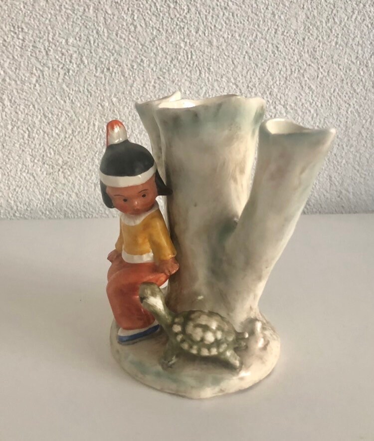 Vintage Goebel Porcelain Native American Child Turtle Figurine Vase ...