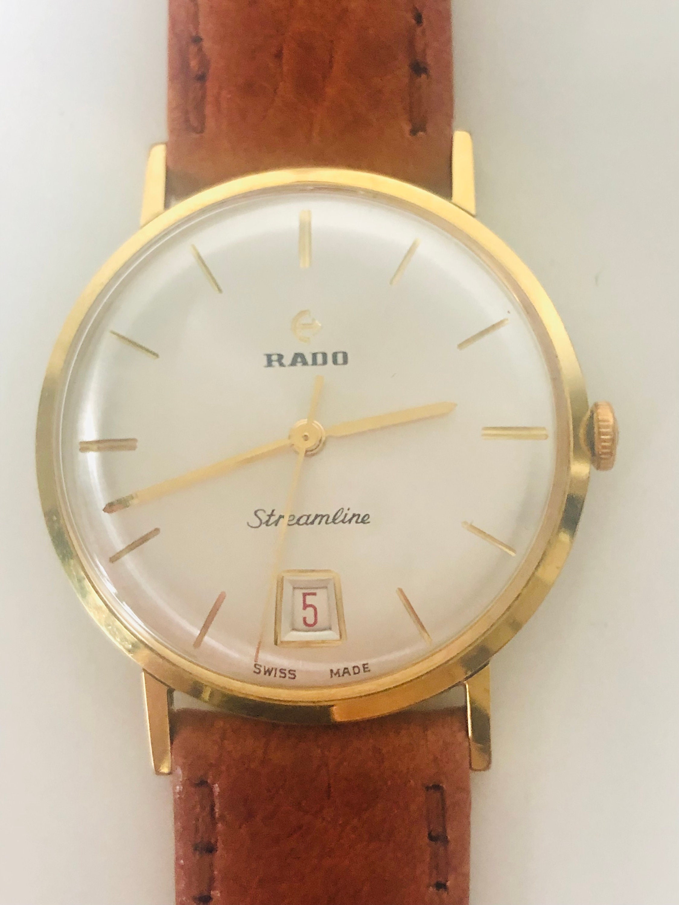 Vintage Rado Streamline Wrist Watch Gold Swiss Made Brown Leather ...