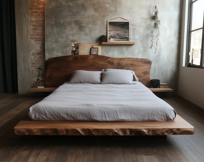 Walnut Live Edge Platform Bed Frame, Handmade Wooden Bed Frame, Queen Bed Frame, King Bed Frame ...