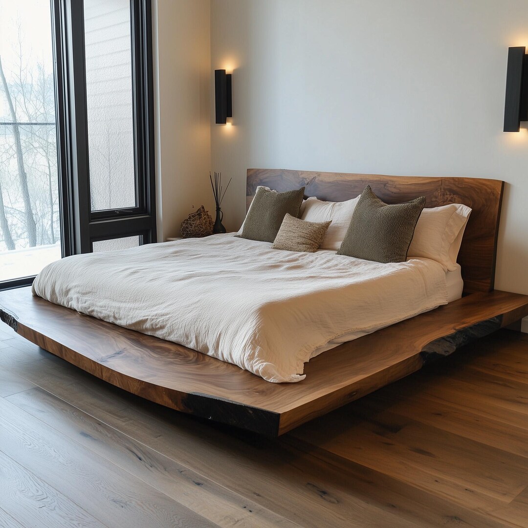 Walnut Live Edge Platform Bed Frame, Platform Wooden Bed Frame, Queen Bed Frame, King Bed Frame ...