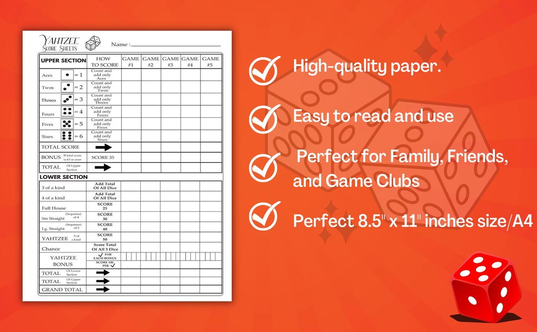 Yahtzee Score Pads | Yahtzee Score Throws Large Print for Scorekeeping ...