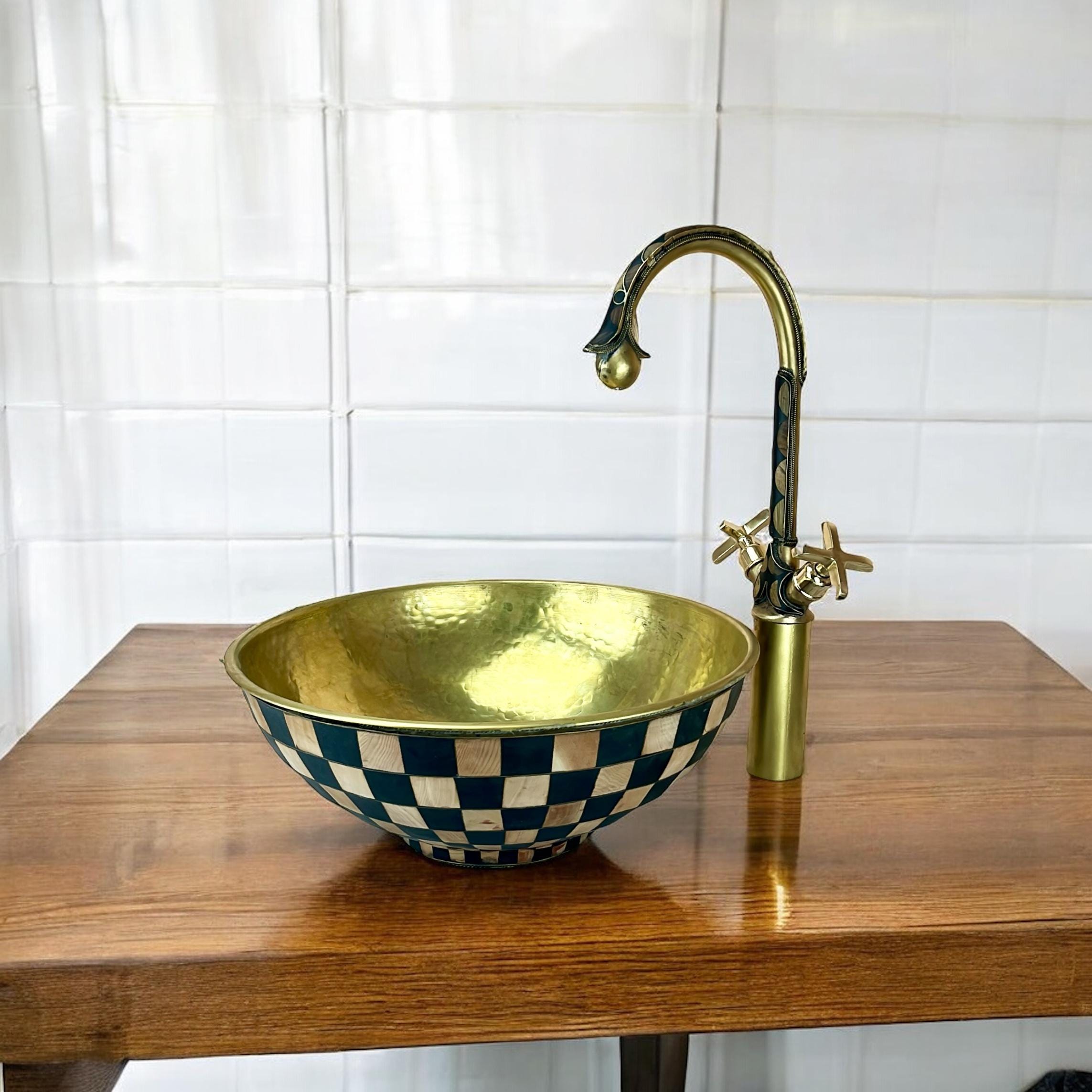 Handmade Brass & Resin Checkered Vessel Sink With Faucet: Moroccan ...