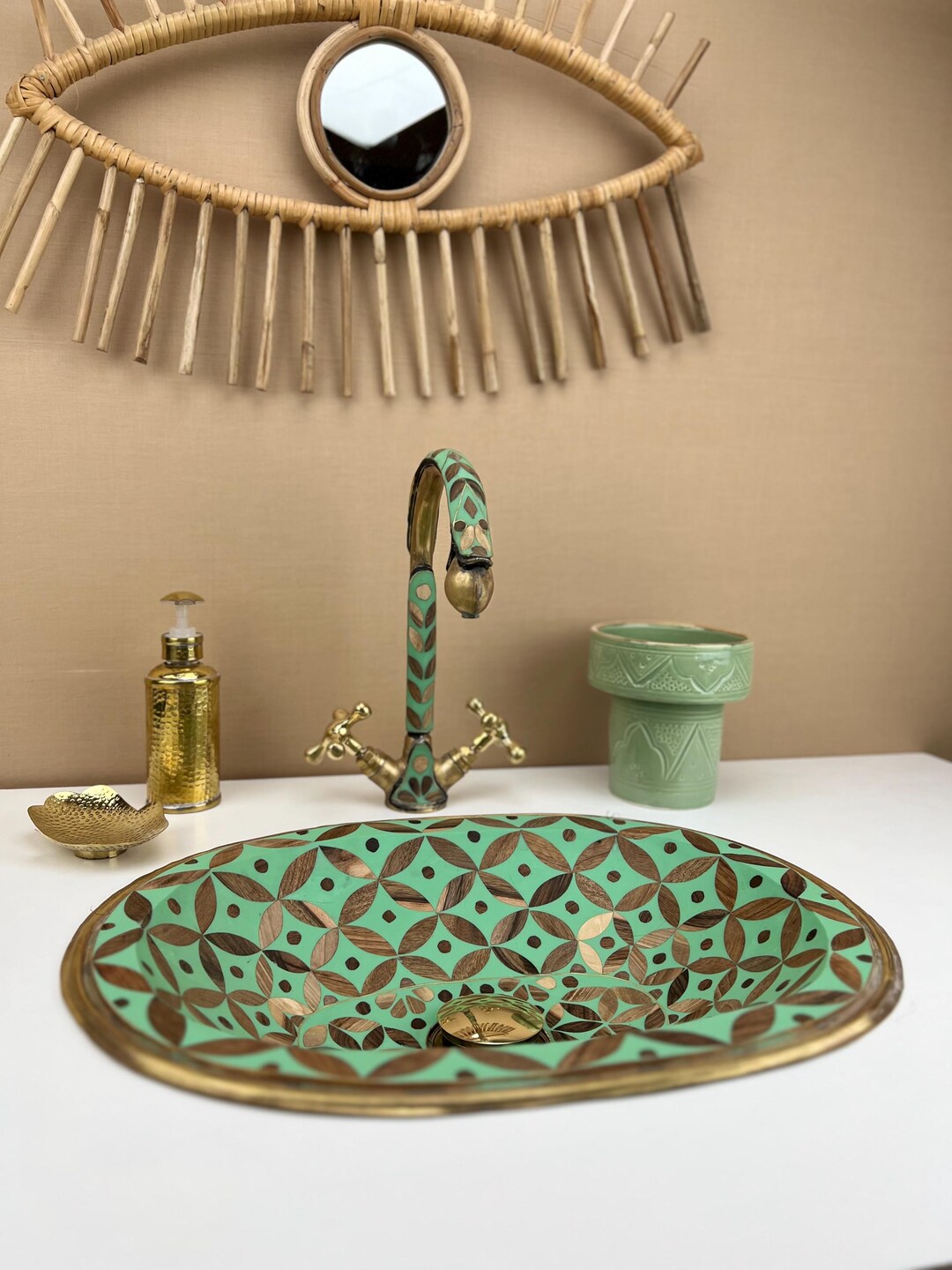 Handmade Turquoise Green Resin Sink With Brass Walnut Inlay - Luxury ...