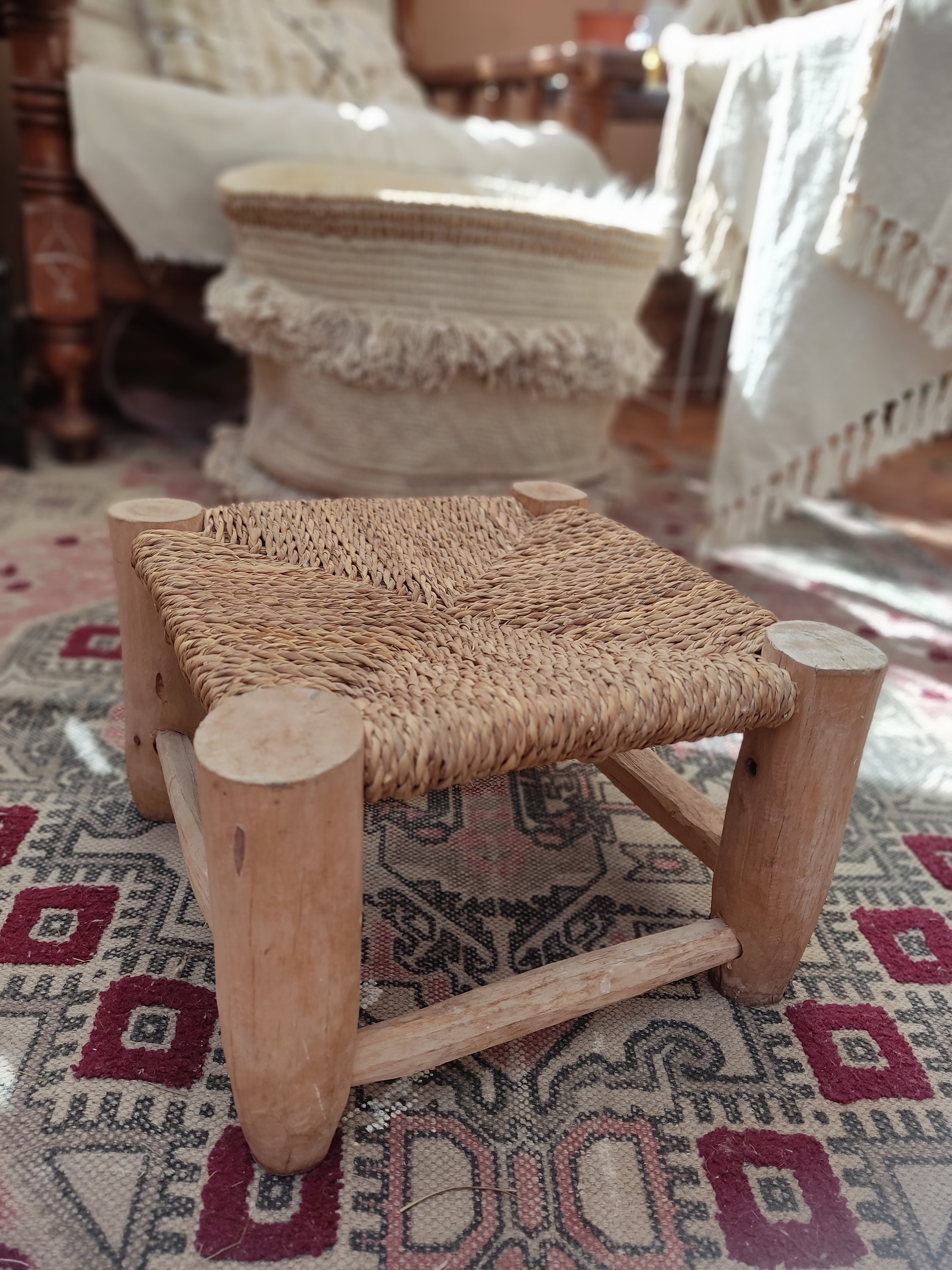 Moroccan Bench Stool Chair Wood and Rattan Palm Leaves Beldi ...