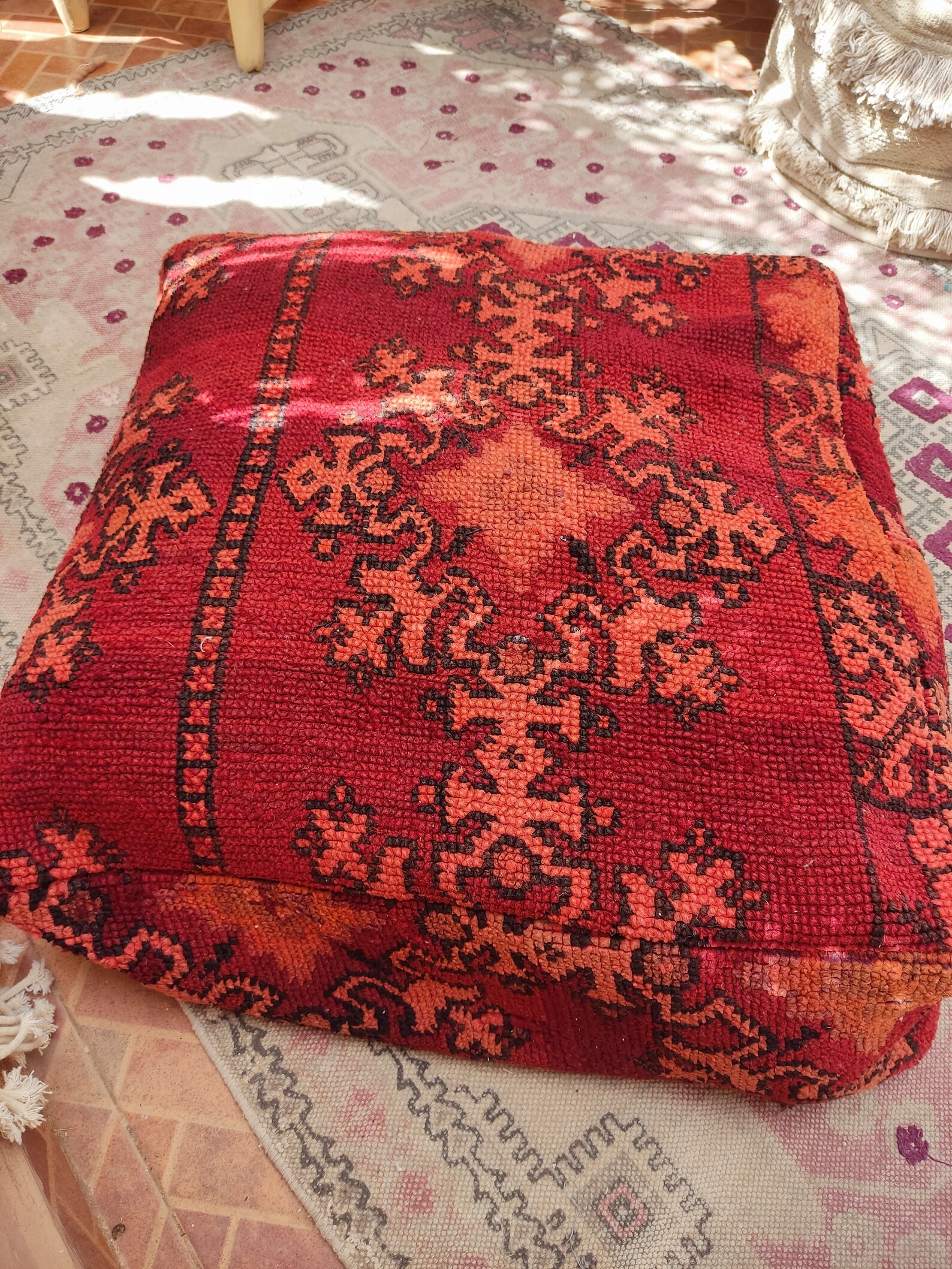 Moroccan Red Orange Symbol Berber Pouf Vintage Ottoman Square Wool ...
