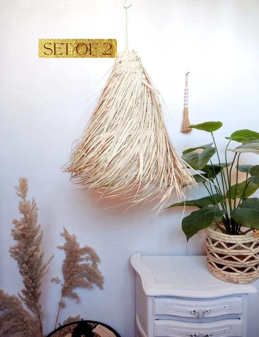Set of 2 Hanging Lamp Cone Raffia Palm Moroccan Handmade Boho Bohemian ...