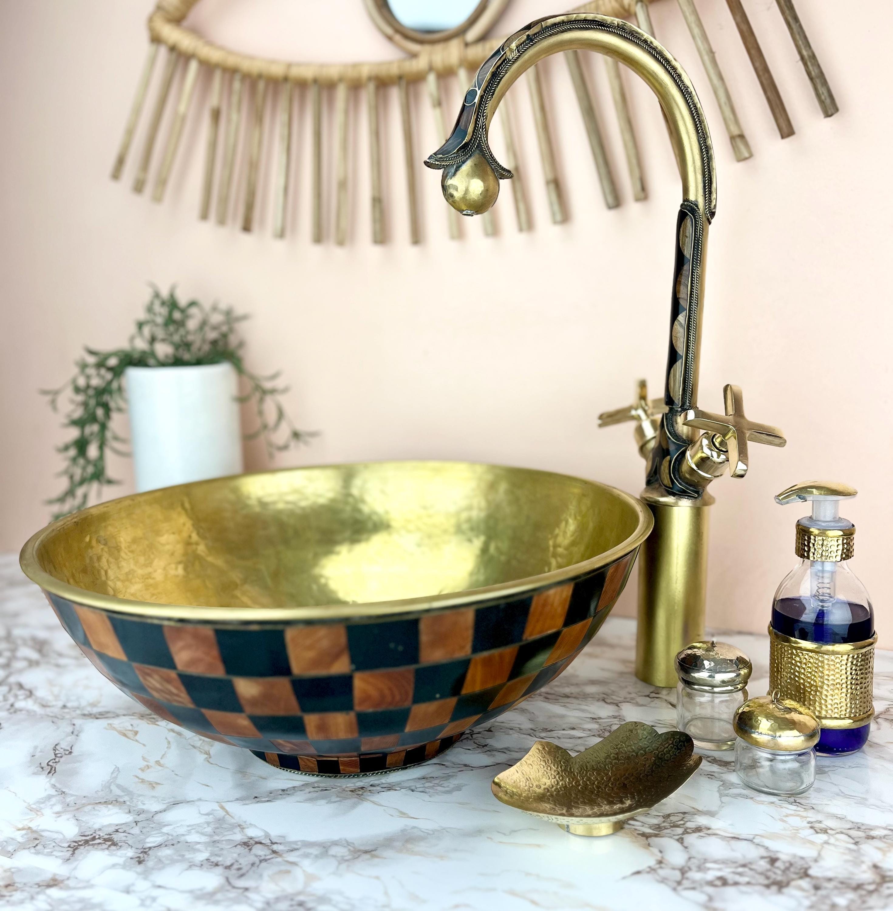 Handmade Brass & Resin Checkered Vessel Sink With Faucet: Moroccan ...
