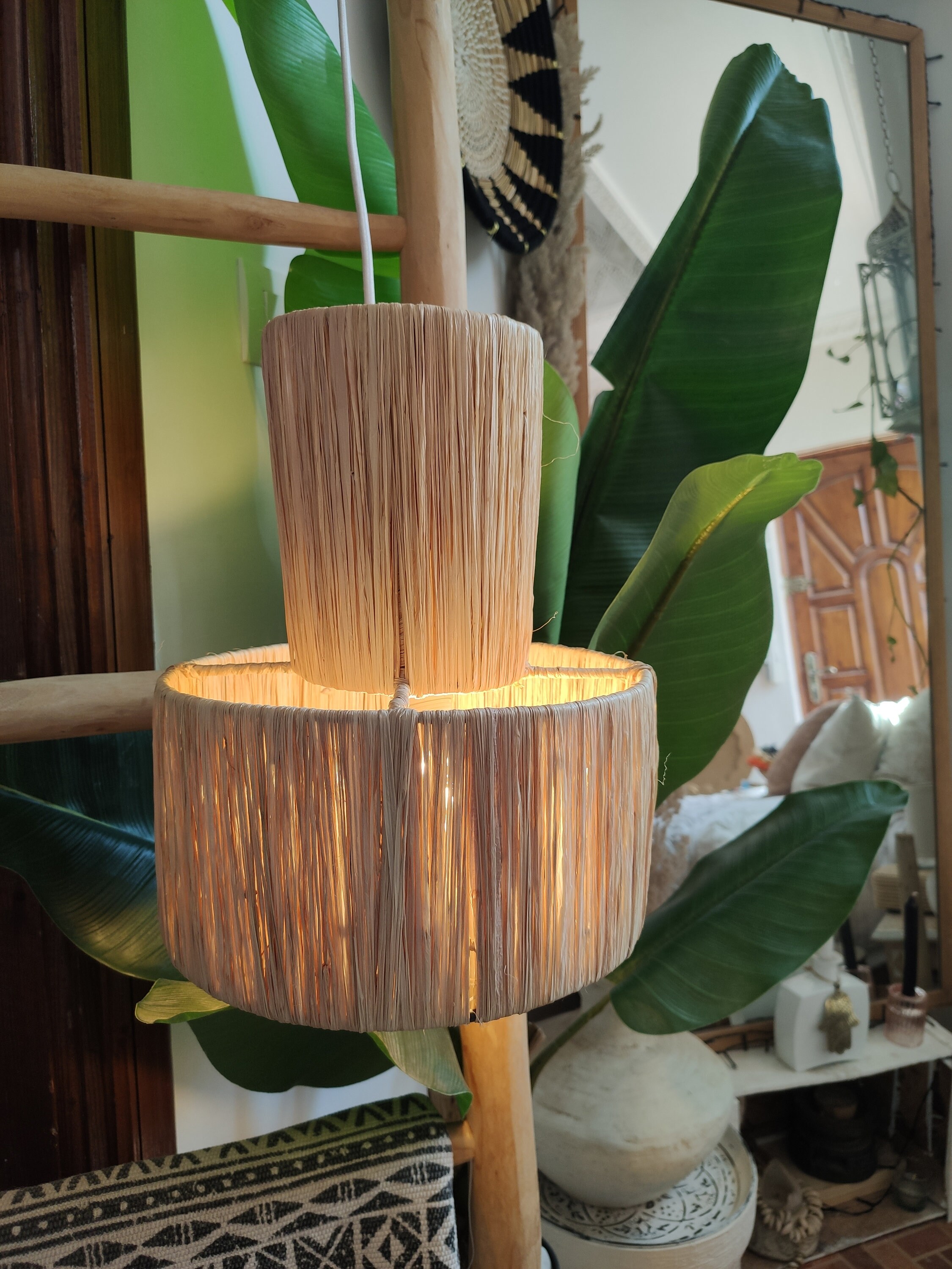 Raffia Table Lamp Natural Moroccan Nightstand Cylindrical - Etsy