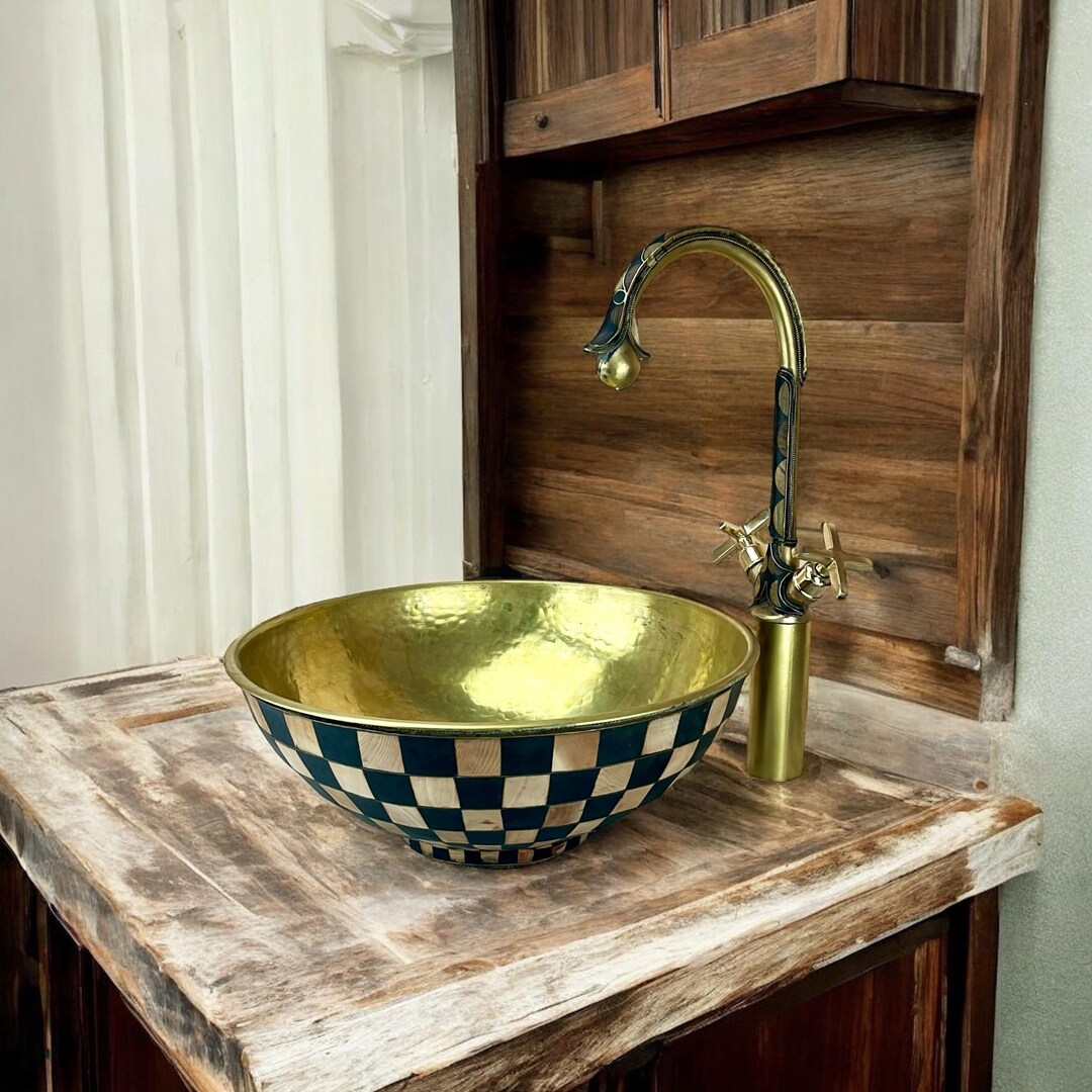 Handmade Brass & Resin Checkered Vessel Sink With Faucet: Moroccan ...
