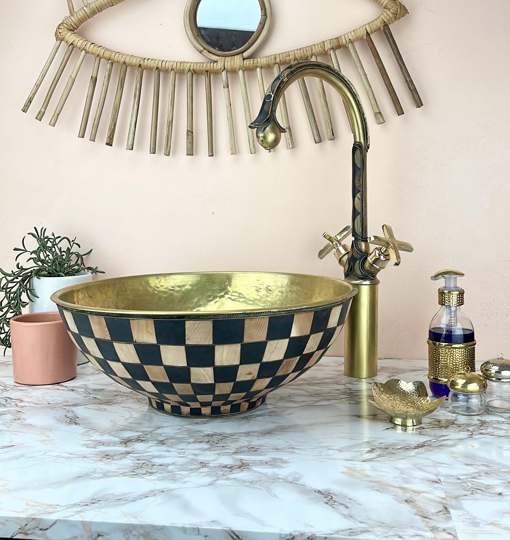 Handmade Brass & Resin Checkered Vessel Sink With Faucet: Moroccan ...