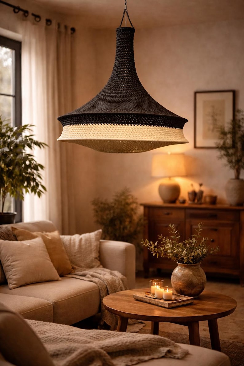 Handmade Crochet Ceiling Light – Hamimi Black and Cream Pendant - Etsy