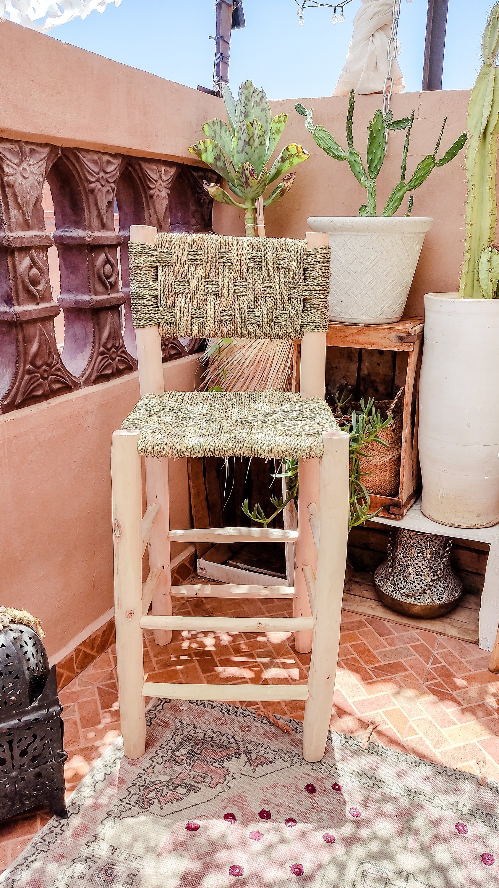Moroccan Bar Stool High Chair Rattan Palm Leave Woven Wood 100 Cm - Etsy