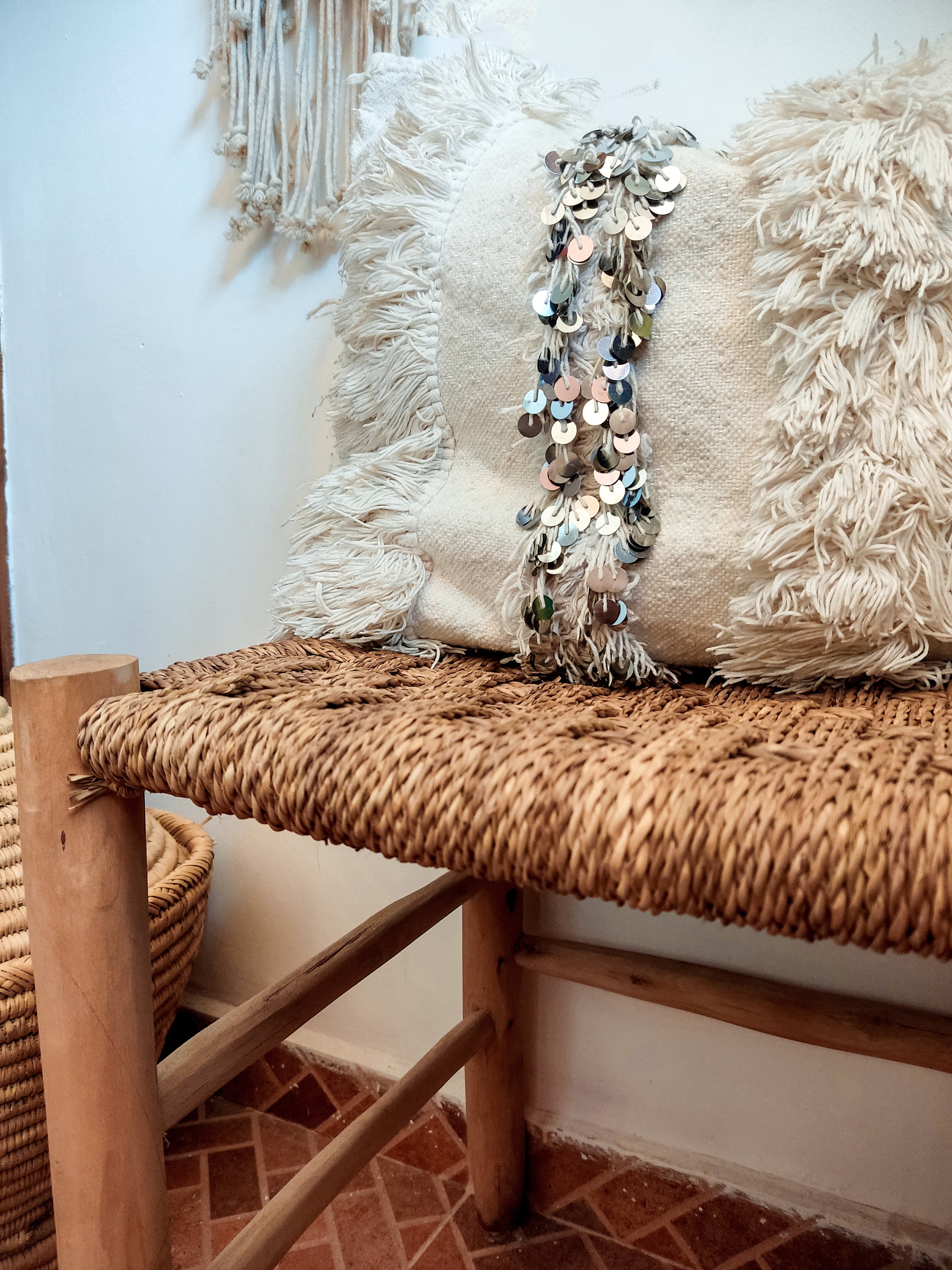 Moroccan Bench Stool Chair Wood and Rattan Palm Leaves Beldi ...