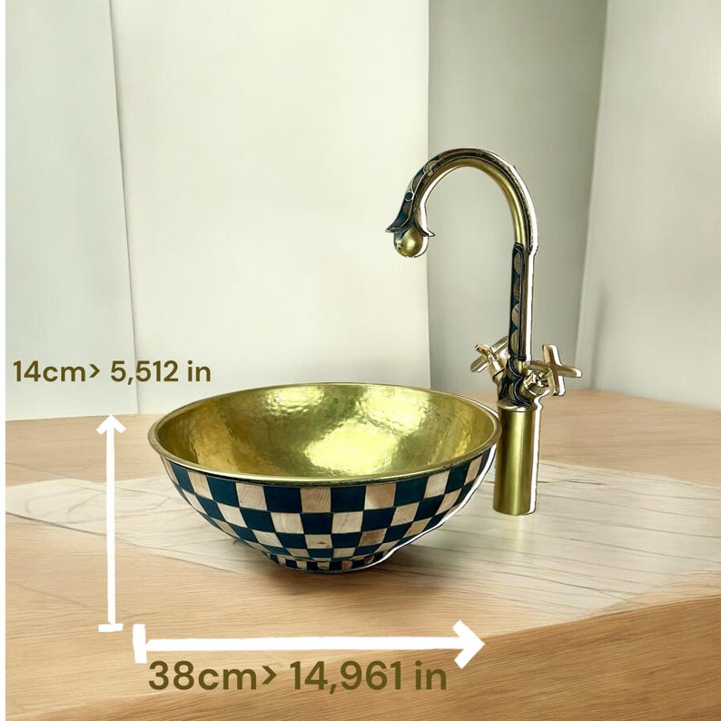 Handmade Brass & Resin Checkered Vessel Sink With Faucet: Moroccan ...