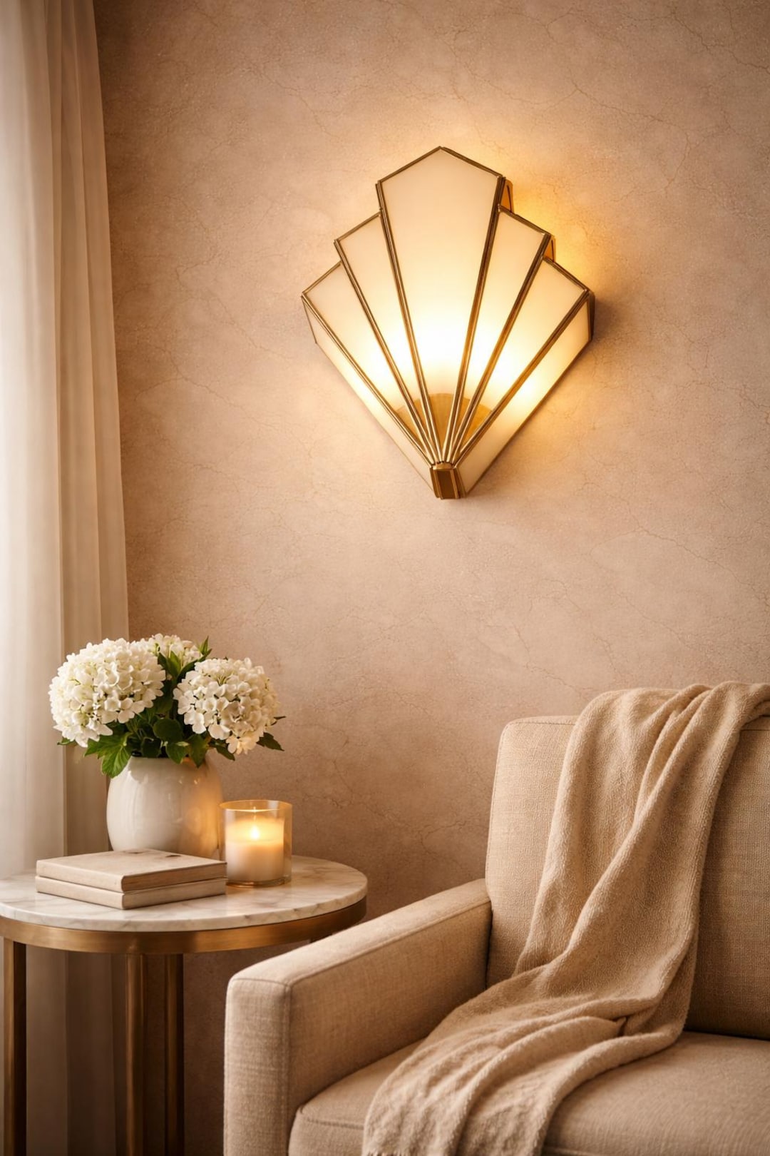 Handmade Brass Milky Glass Wall Sconce – Geometric Art Deco Light Shell ...