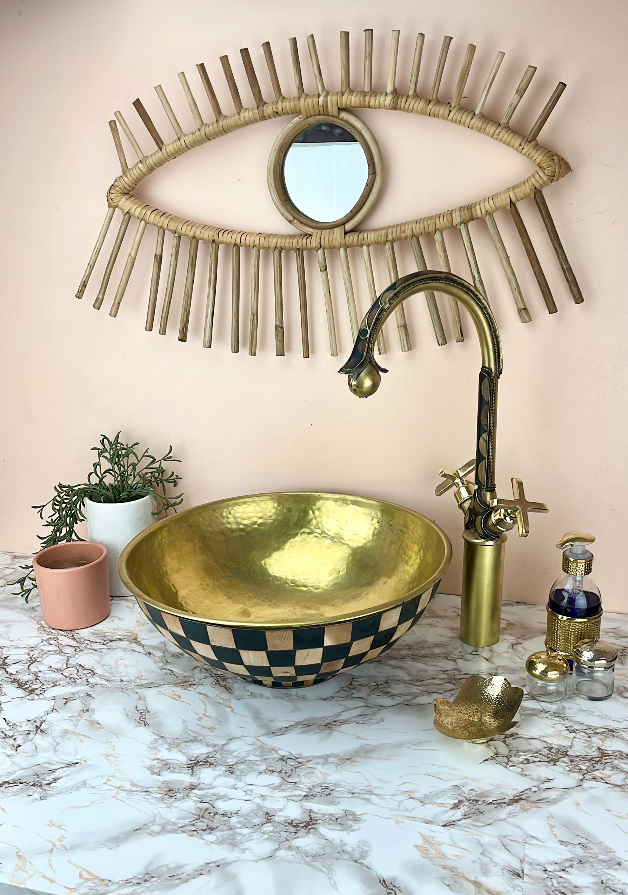 Handmade Brass & Resin Checkered Vessel Sink With Faucet: Moroccan ...