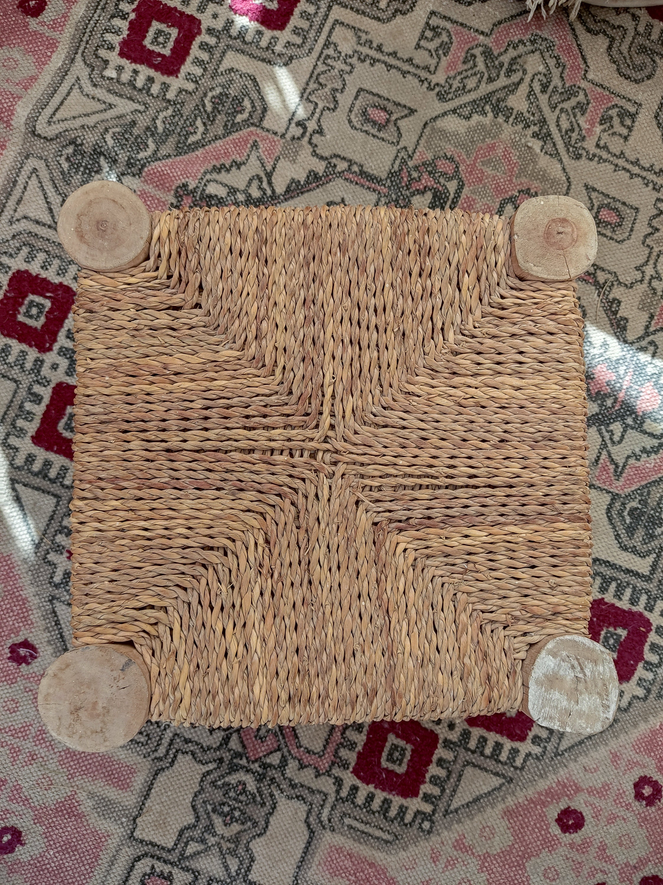 Moroccan Bench Stool Chair Wood and Rattan Palm Leaves Beldi ...