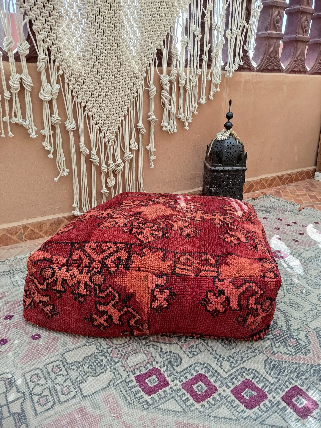 Moroccan Red Orange Symbol Berber Pouf Vintage Ottoman Square Wool ...