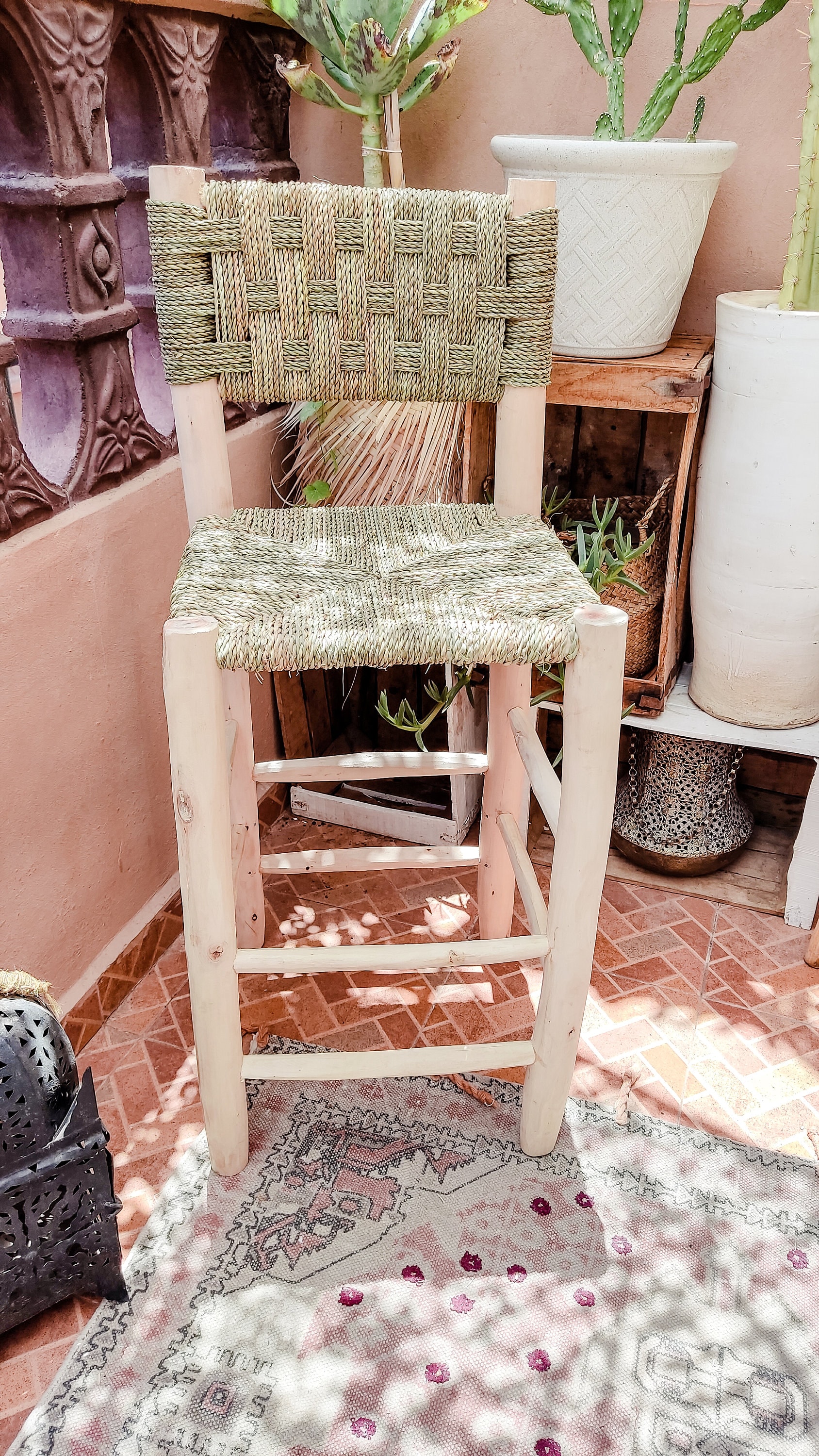 Moroccan Bar Stool High Chair Rattan Palm Leave Woven Wood 100 - Etsy