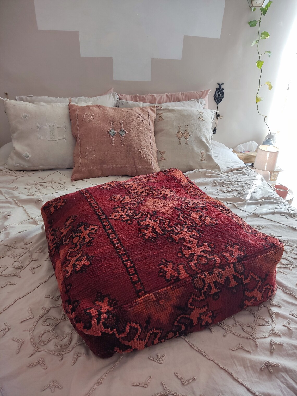 Moroccan Red Orange Symbol Berber Pouf Vintage Ottoman Square Wool ...