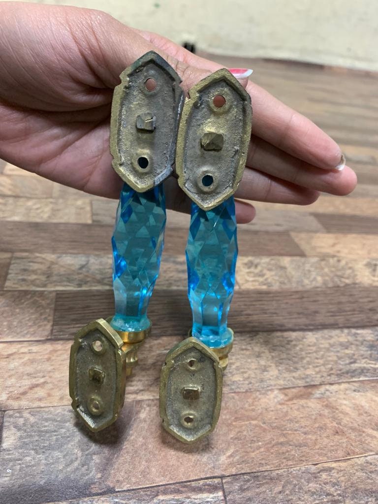 Antique Style 5.5'' Crystal/cut Blue Glass Brass Door Handle 2 Pc ...