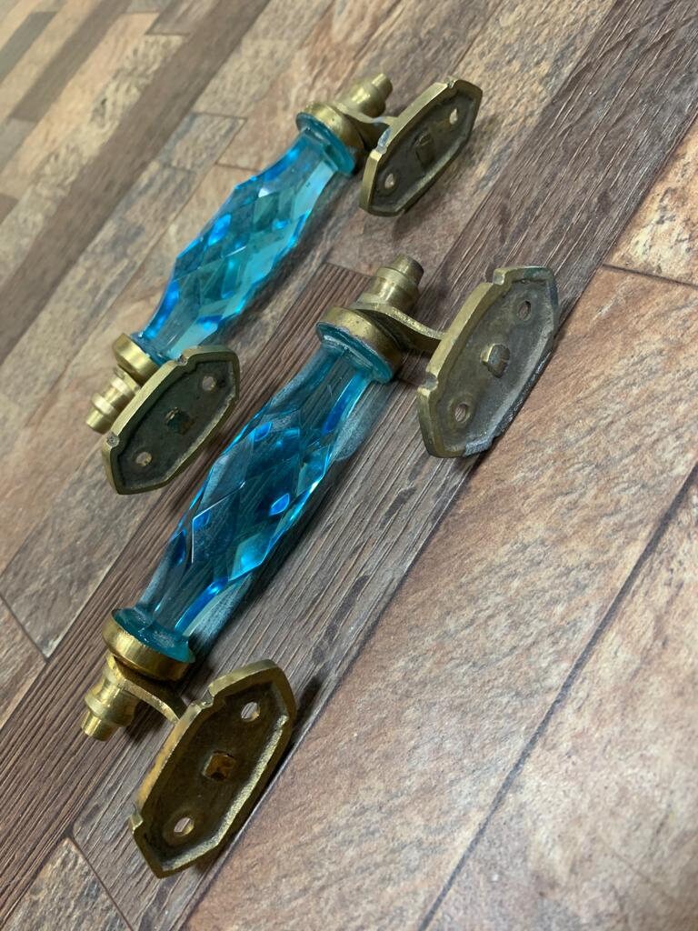 Antique Style 5.5'' Crystal/cut Blue Glass Brass Door Handle 2 Pc ...
