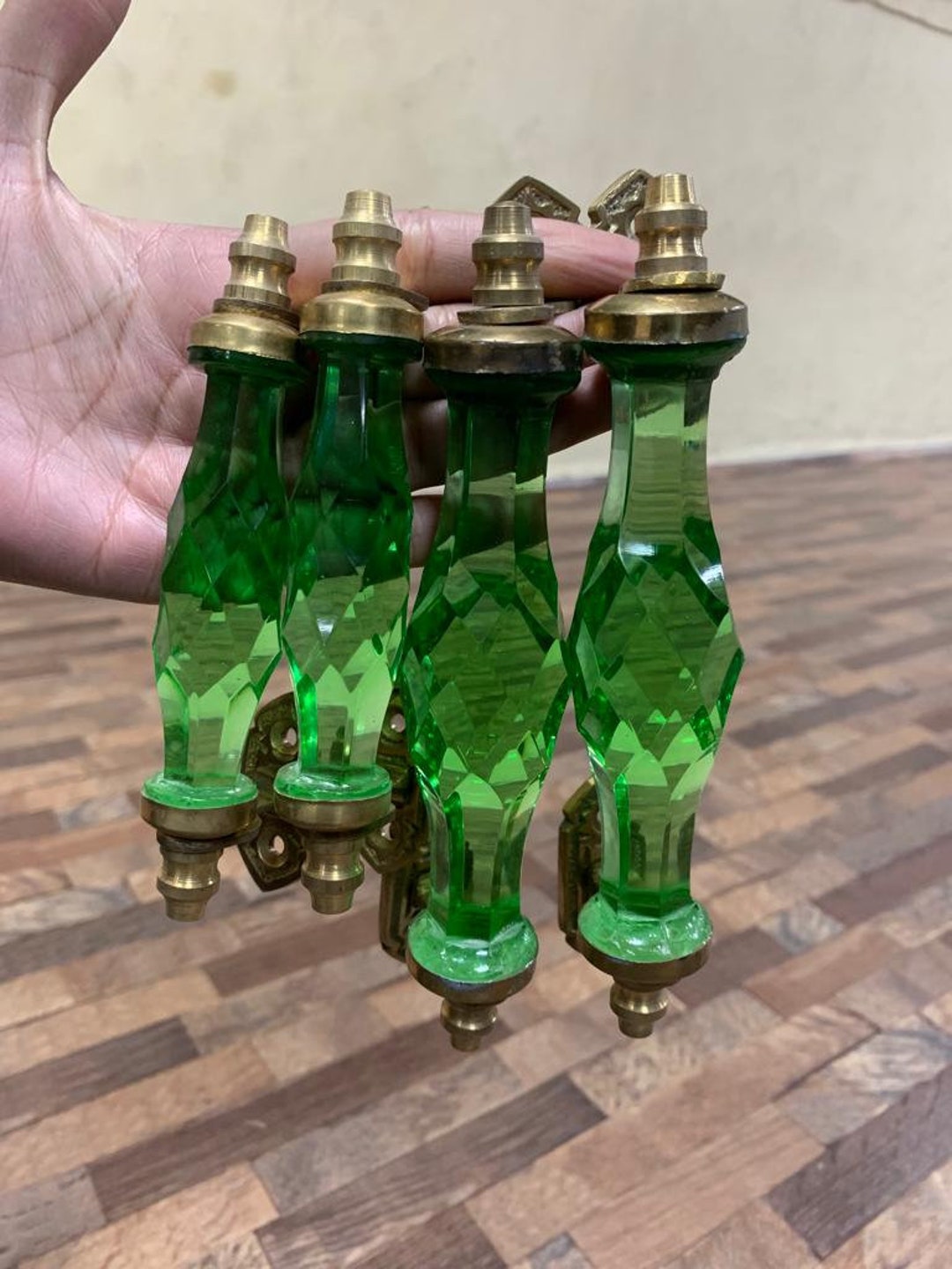 Antique Style Big & Small Crystal/cut Green Glass Brass Door Handle 4 ...