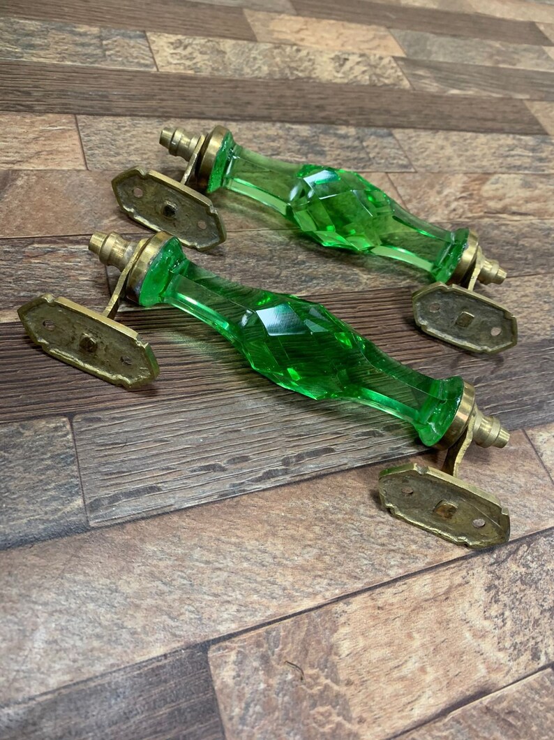Antique Style 7'' Crystal/cut Green Big Glass Brass Door Handle 2 Pc ...