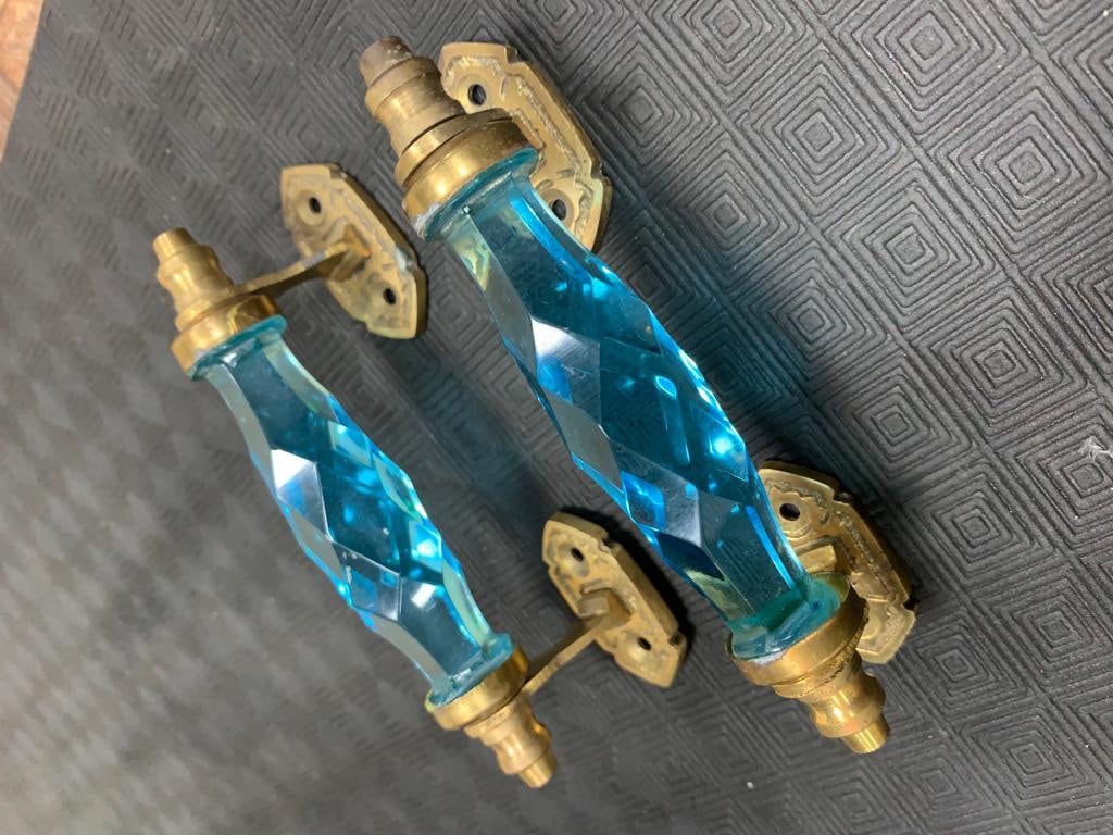 Antique Style 5.5'' Crystal/cut Blue Glass Brass Door Handle 2 Pc ...