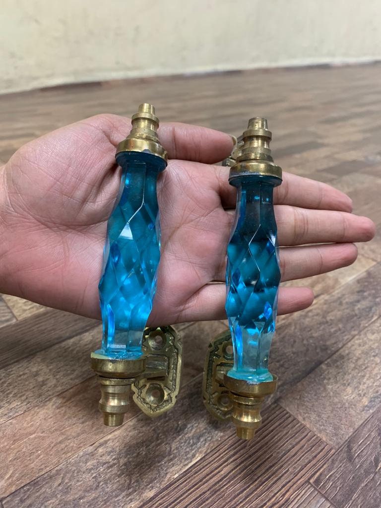 Antique Style 5.5'' Crystal/cut Blue Glass Brass Door Handle 2 Pc ...