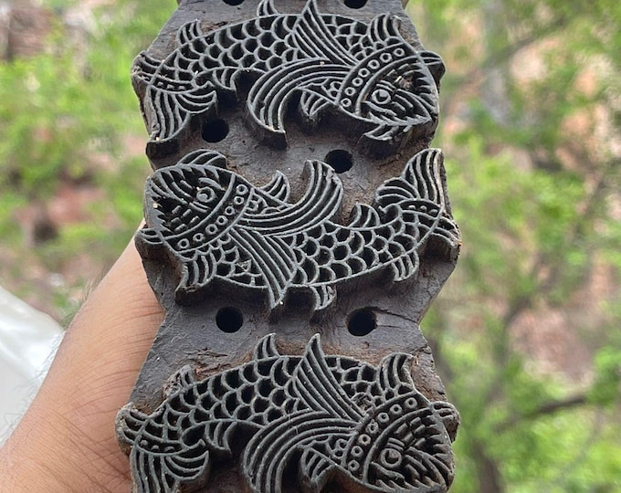 Vintage Hand Carved Wooden Printing Blocks Fish Shape Engraved Textile ...