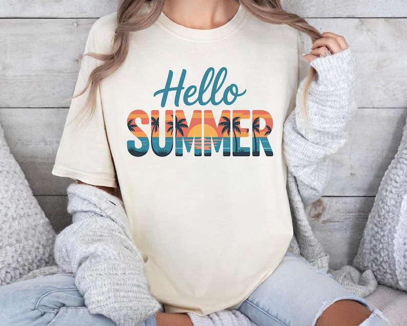 Hello Summer Shirt, Sunset Beach Graphic Tee, Tropical Vacation Top ...