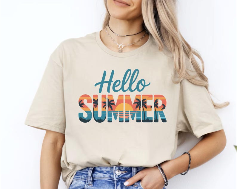 Hello Summer Shirt, Sunset Beach Graphic Tee, Tropical Vacation Top ...