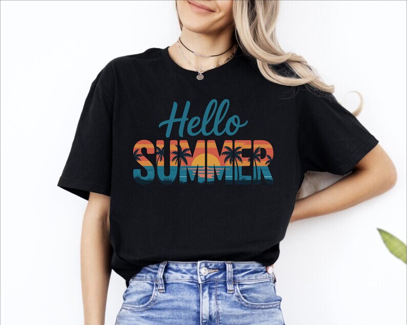 Hello Summer Shirt, Sunset Beach Graphic Tee, Tropical Vacation Top ...