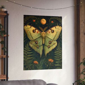 Luna Moth Ferns and Flowers, Botanical Illustrations, Art Print, Dark ...