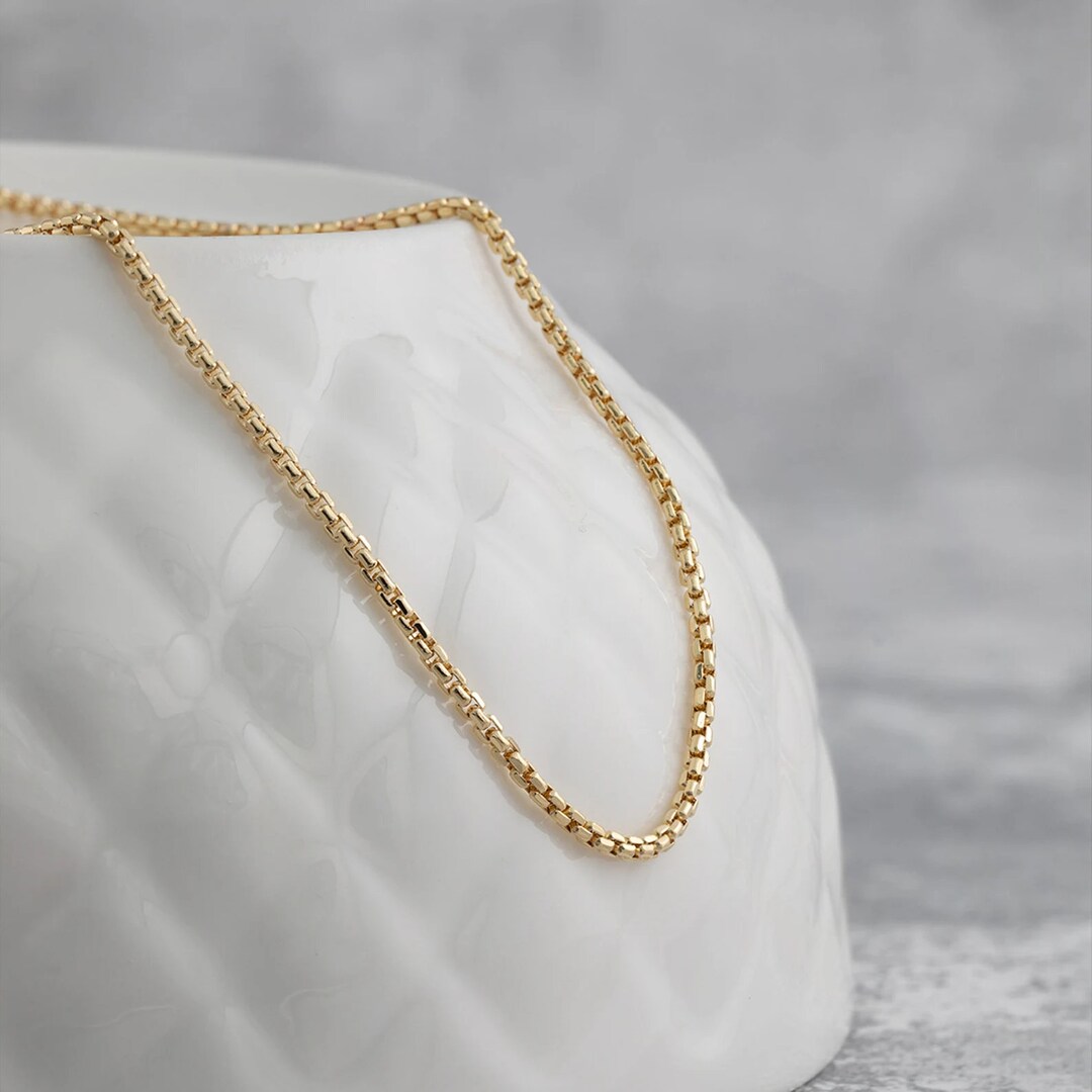 Solid 14K Gold Round Box Chain Necklace, Delicate Dainty Layered ...