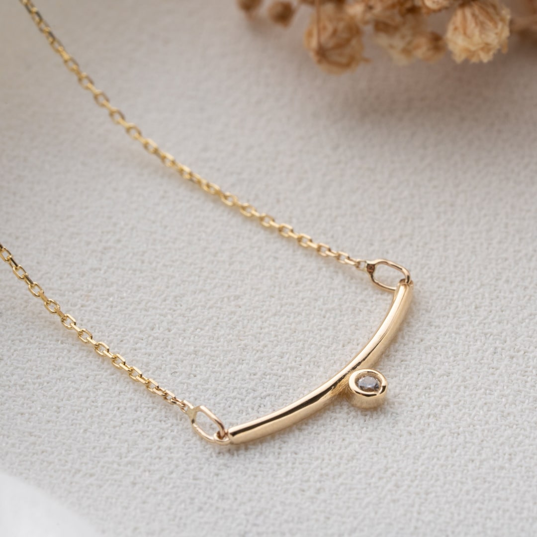 14K Solid Gold Bar Necklace Gold Bar Necklace 14k Gold Curve - Etsy