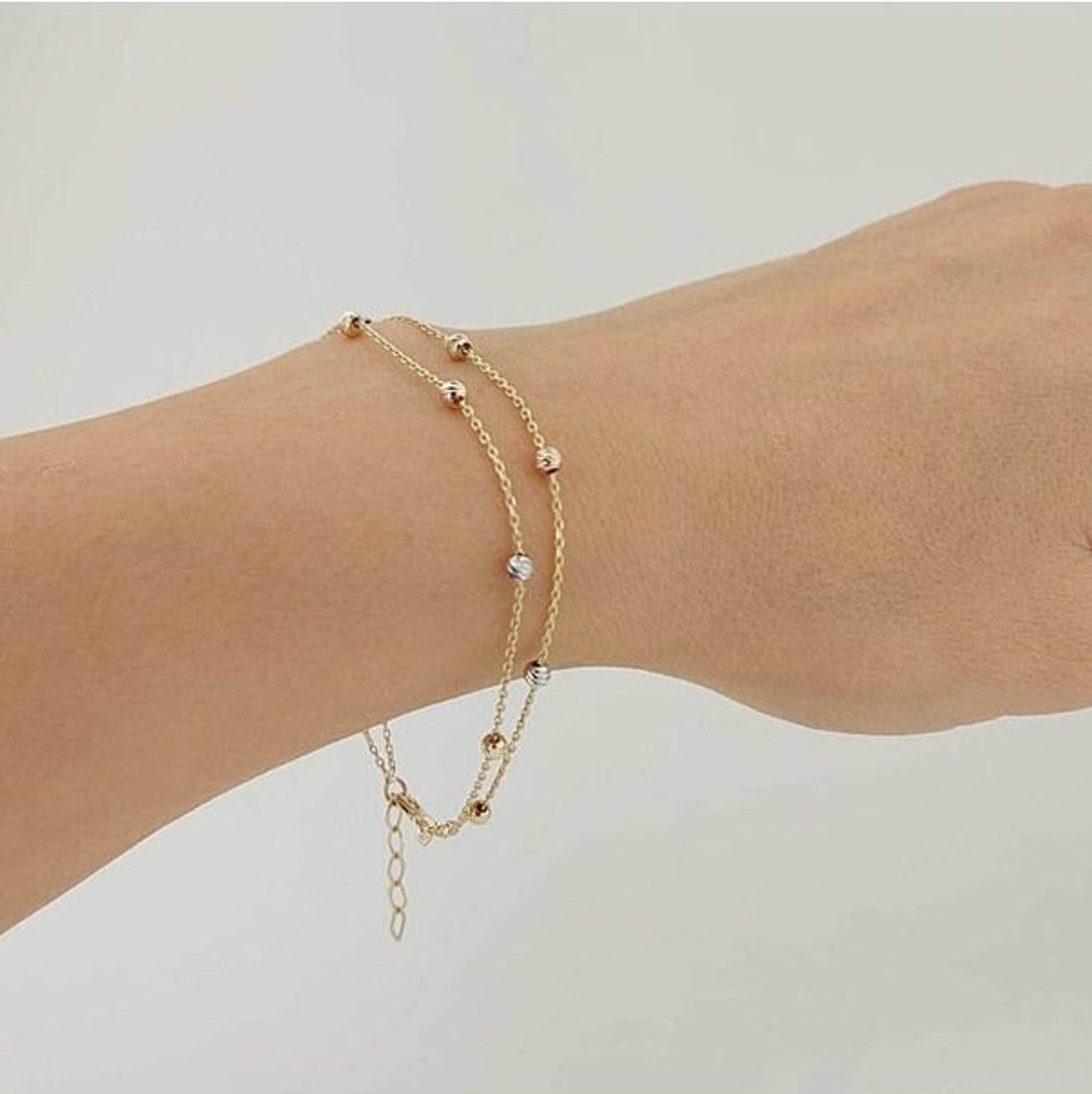 Gold Double Wrap Bracelet, Double Chain Bracelet, Duo Bead Chain ...