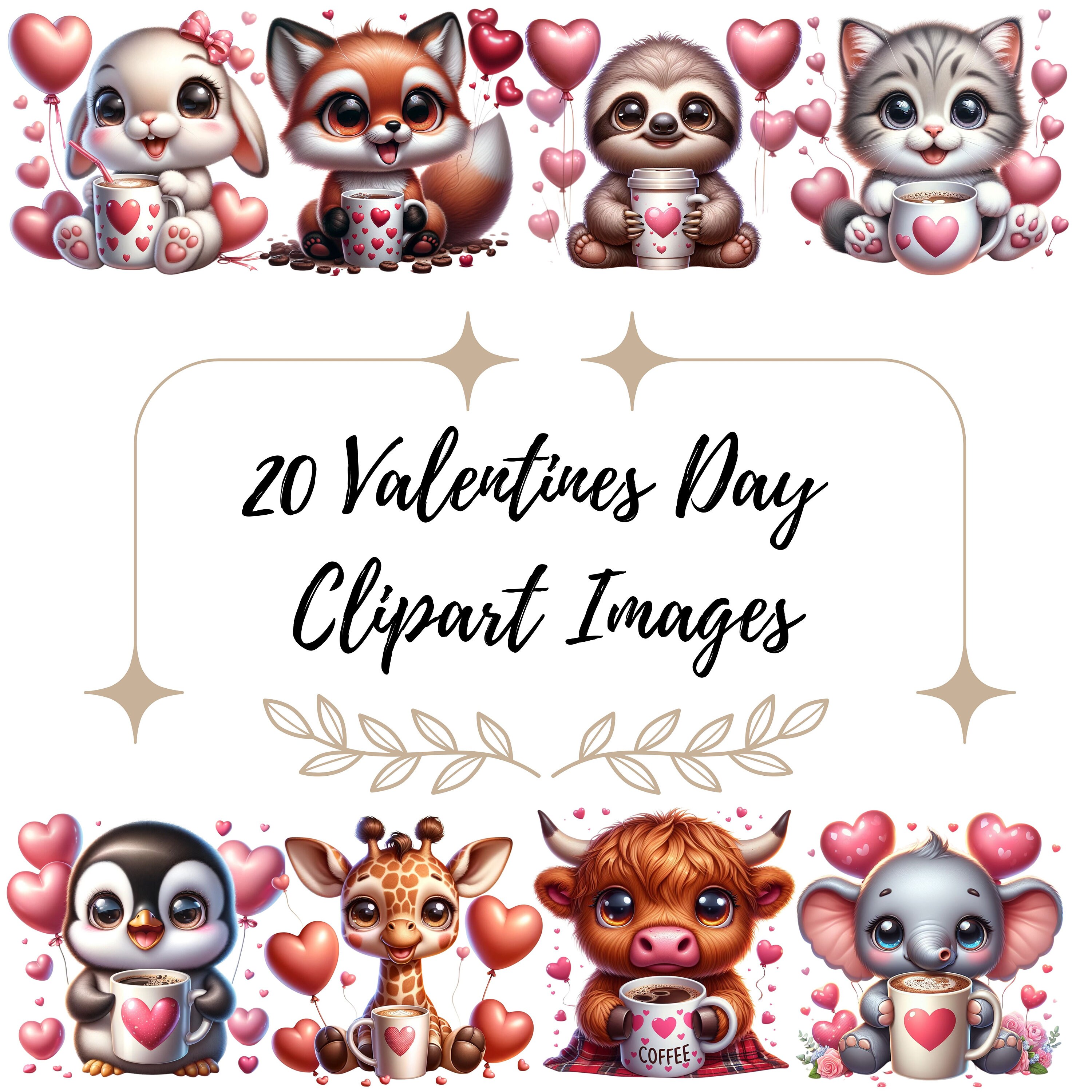 Valetine's Day Bundle, Cute Animal Bundle, 20 PNG Images, Valentine's ...