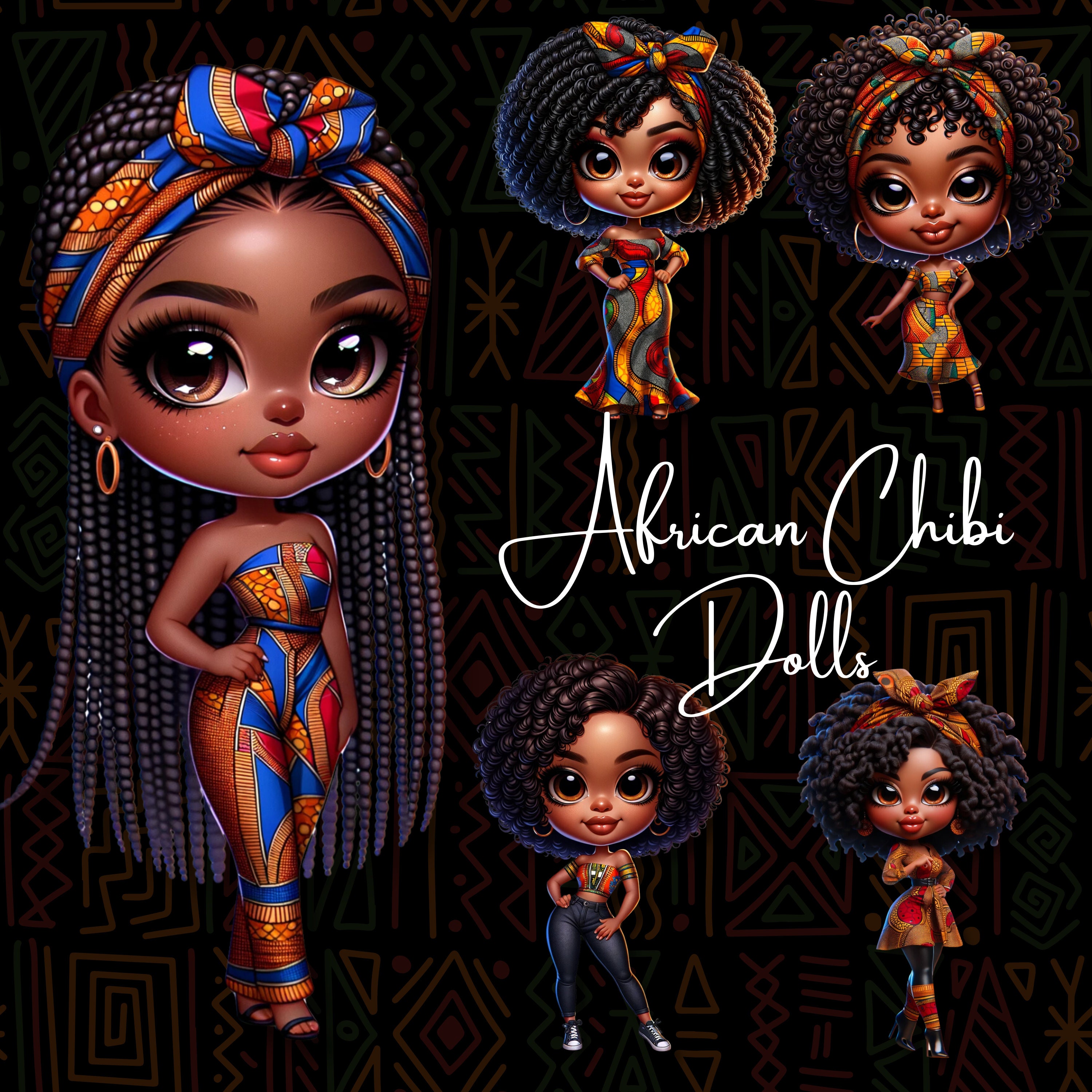 30 African Chibi Dolls, Black History Month, Black Girl Chibi Art, Wall ...