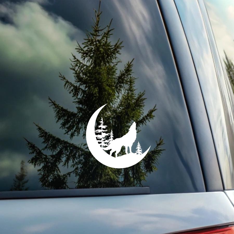 Scenic Wolf Howling Vinyl Decal – Forest and Moon Silhouette Wildlife ...