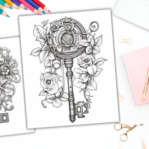 Magical Keys and Floral Coloring Pages - Printable, Adult Coloring Book ...